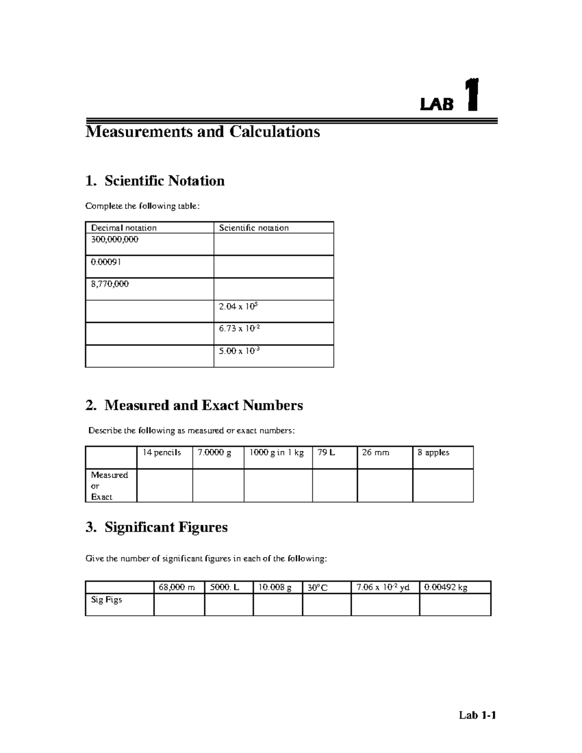 Lab 1- Measurements and Calculations - LAB 1 Measurements and ...