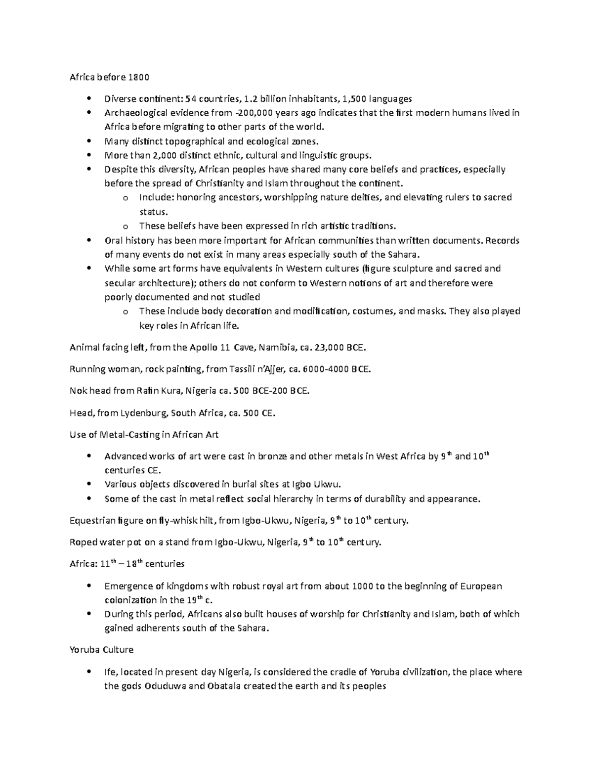 Final testing notes Africa - Africa before 1800 Diverse continent: 54 ...