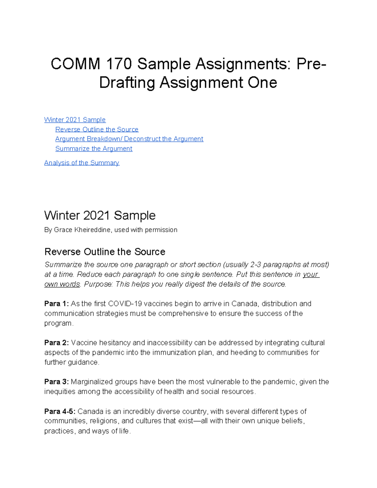 Sample Pre-Drafting Assignment One (2021) - COMM 170 Sample Assignments: Pre- Drafting ...