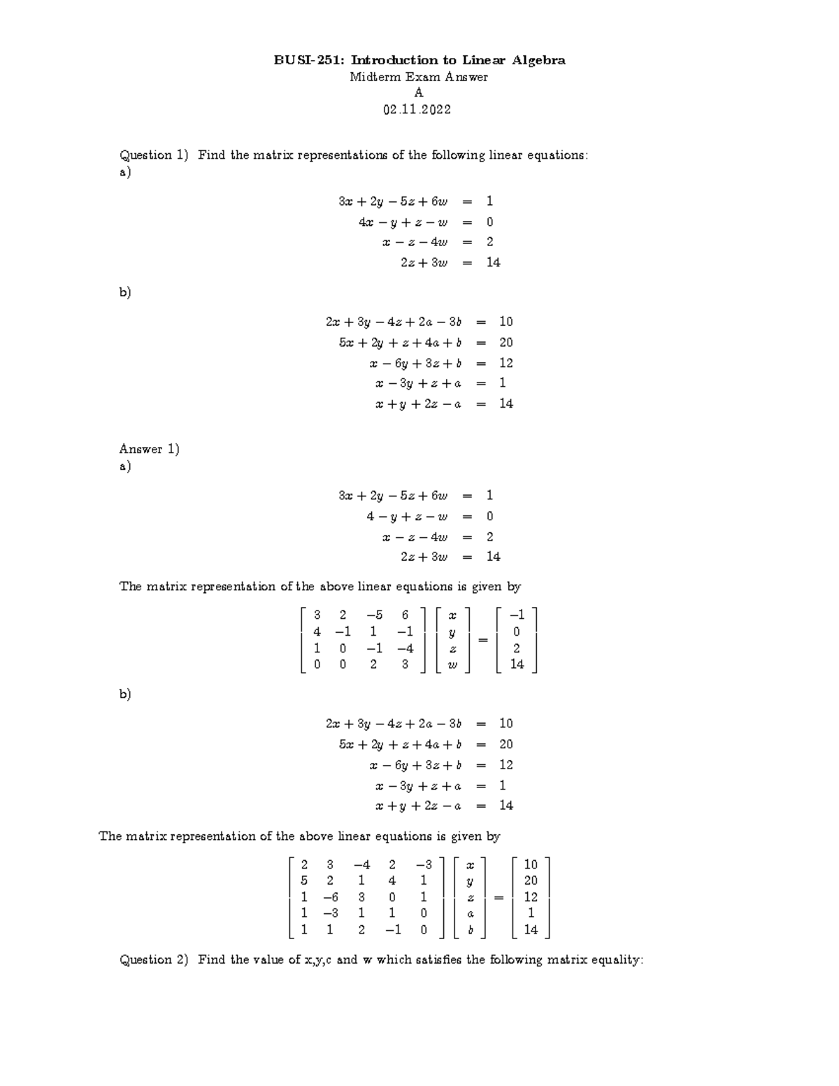 Lineer Algebra Midterm Exam A answer - BUSI-251: Introduction to Linear ...