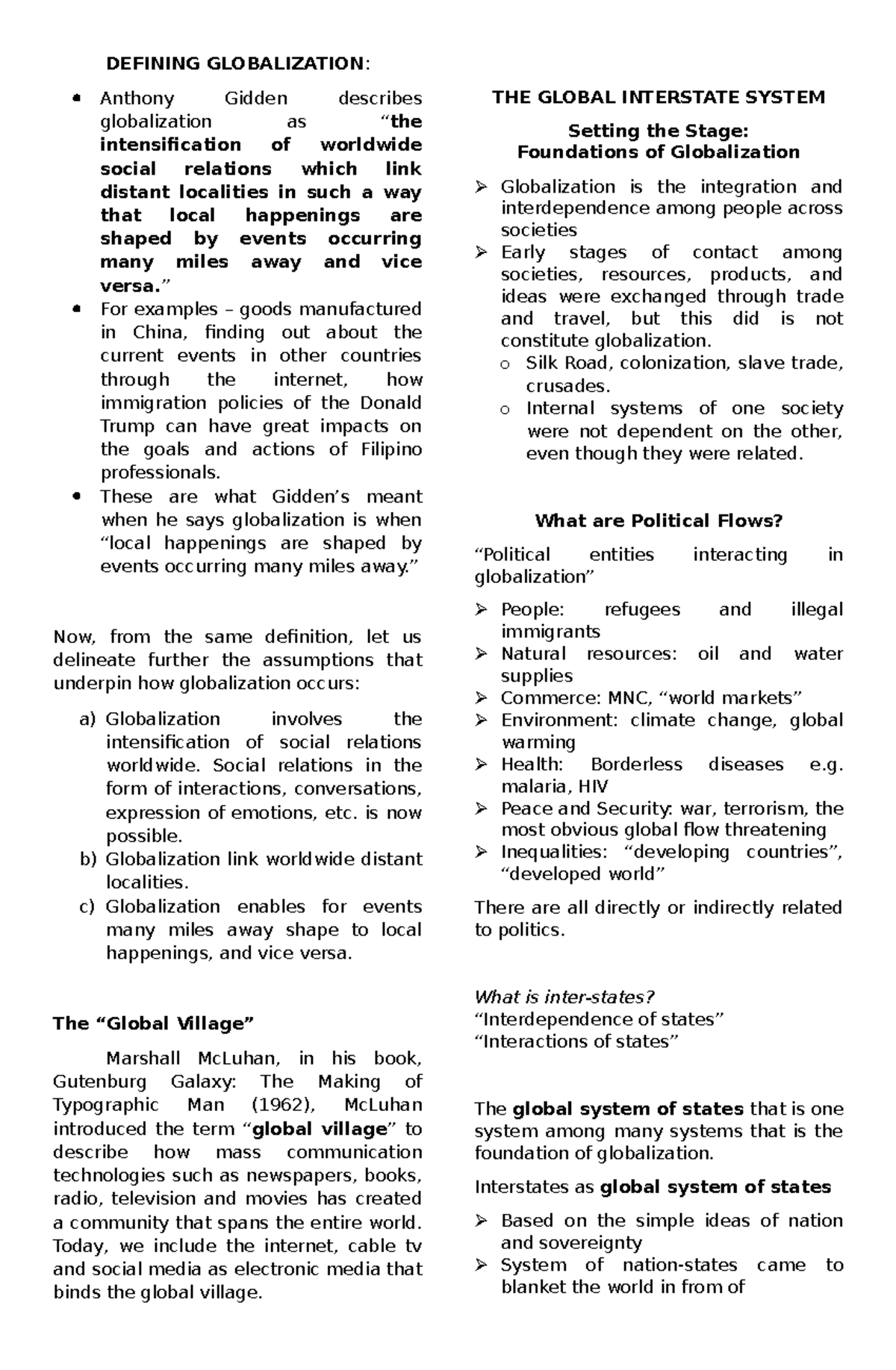 Notes on the Global Interstate System - DEFINING GLOBALIZATION: Anthony ...