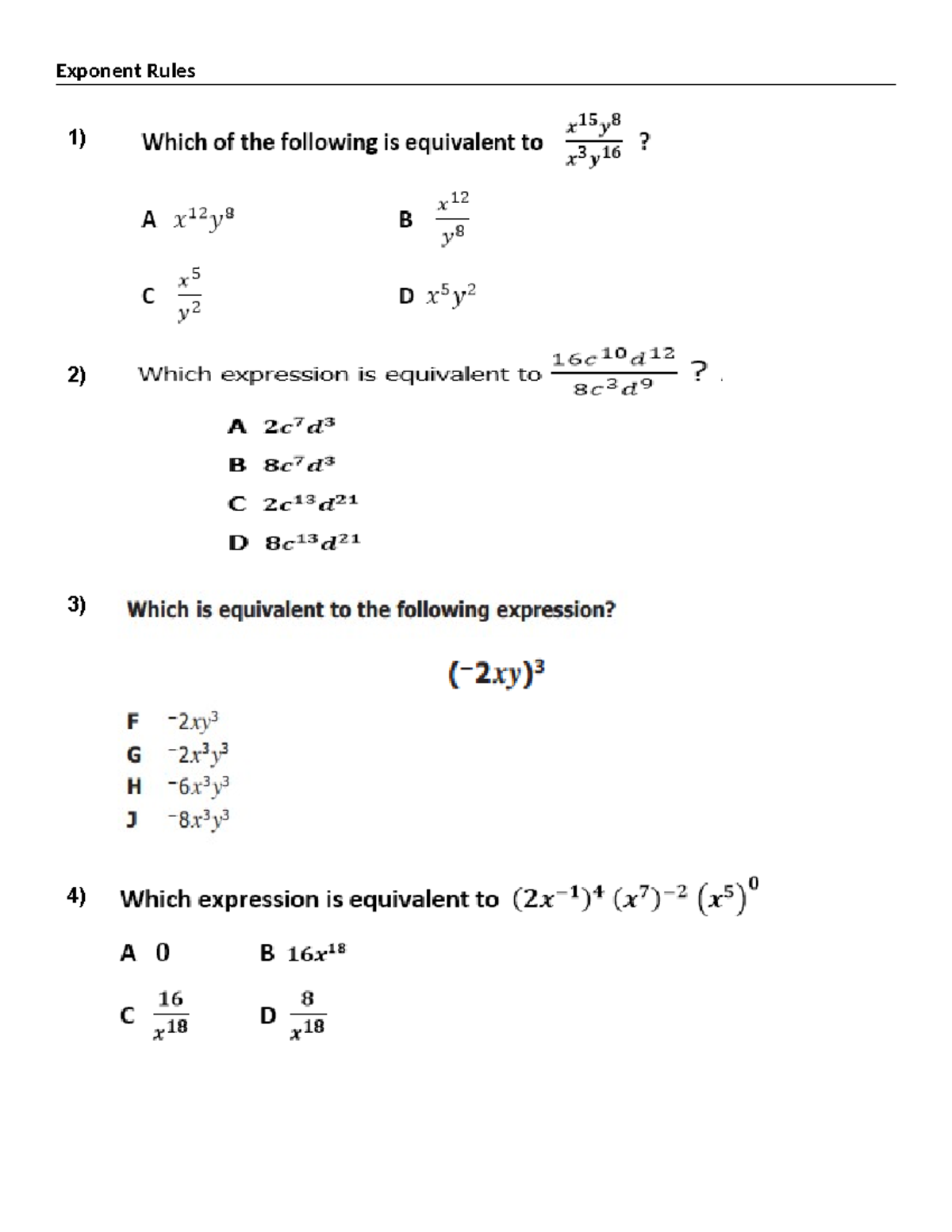 Exponent Rules-1 - Exponent Rules 3) 2) 1) 4) 5) 7) 8) 6) - Studocu