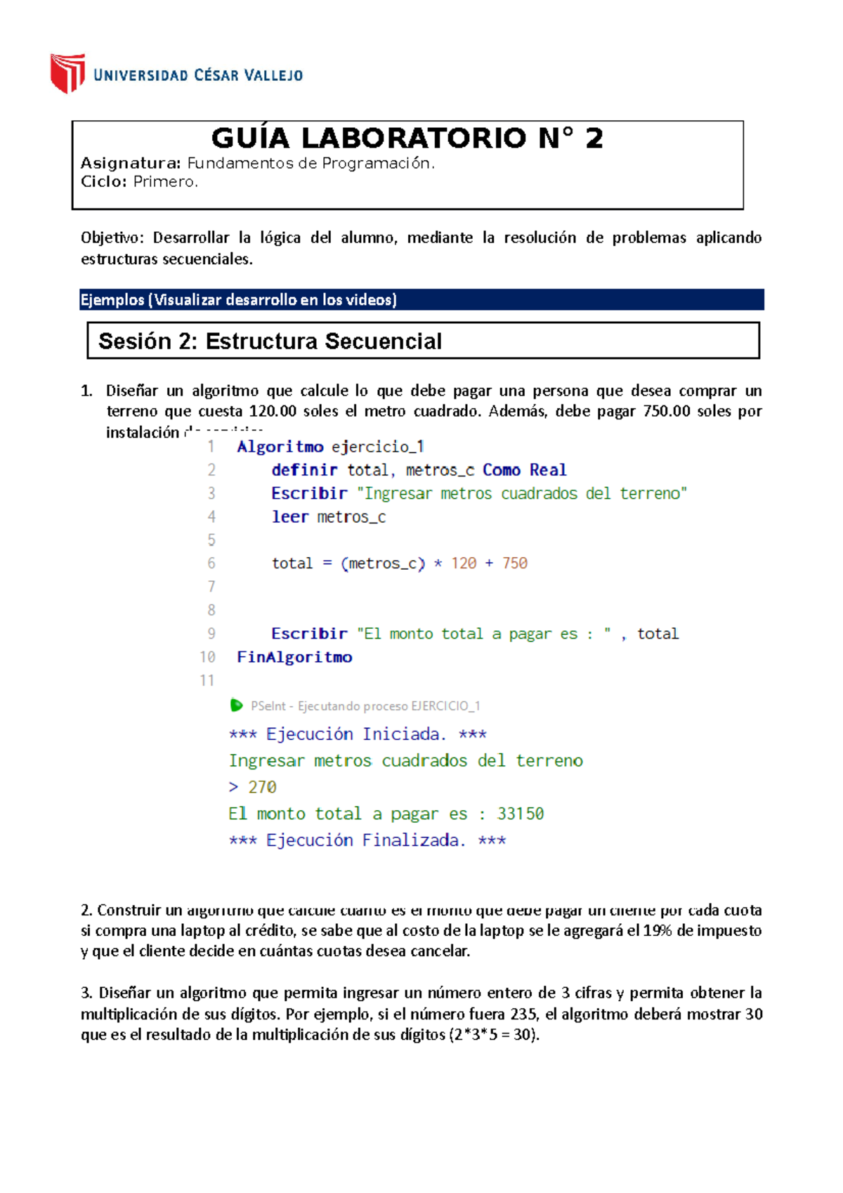 Guía Laboratorio 2 ejercicios - GUÍA LABORATORIO N° 2 Asignatura: Fundamentos de Programación ...
