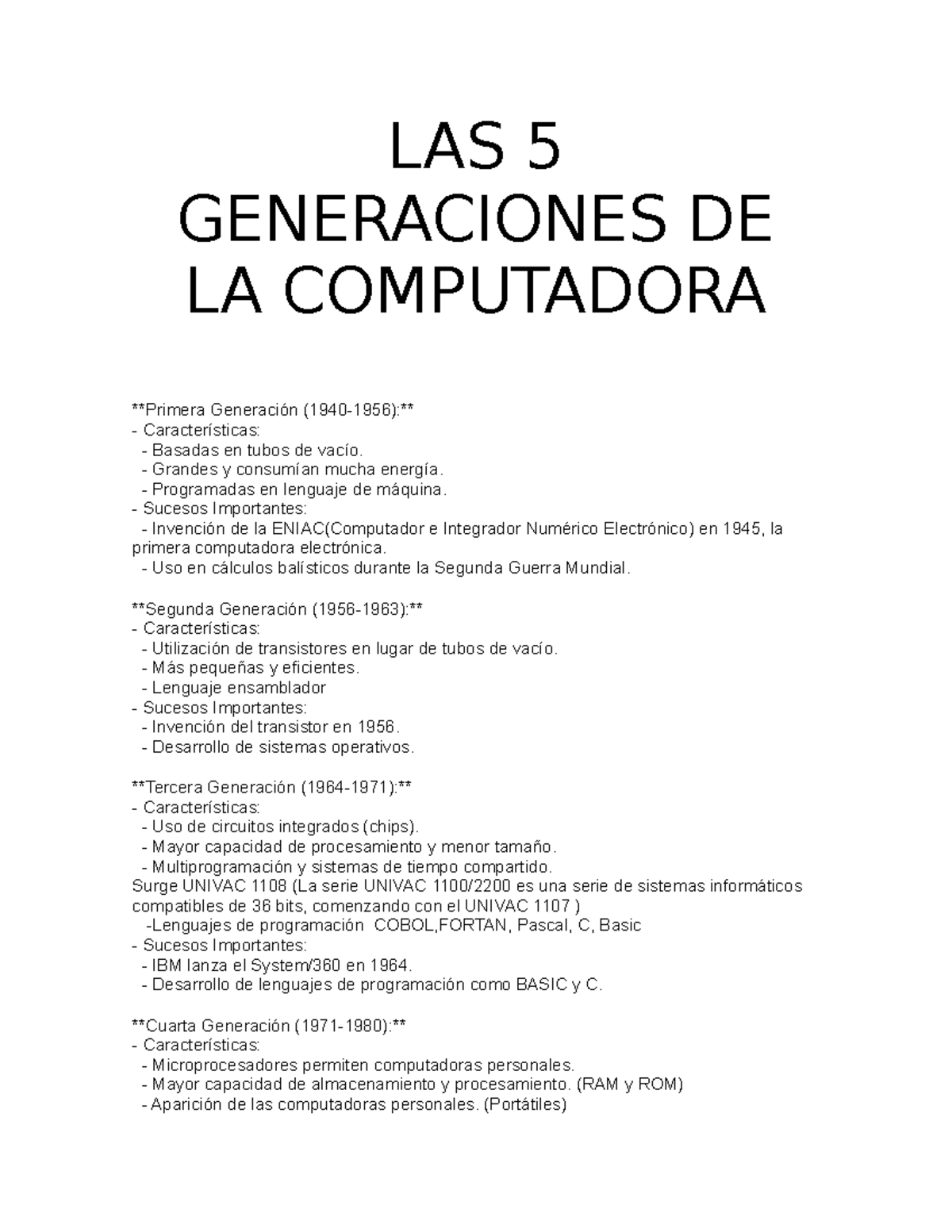 Las 5 generaciones de la computadora - LAS 5 GENERACIONES DE LA ...