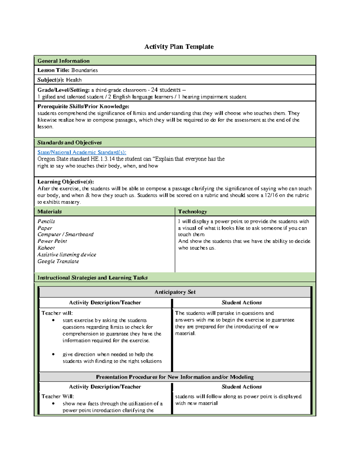 Activity Plan Task Activity Plan Template General Information