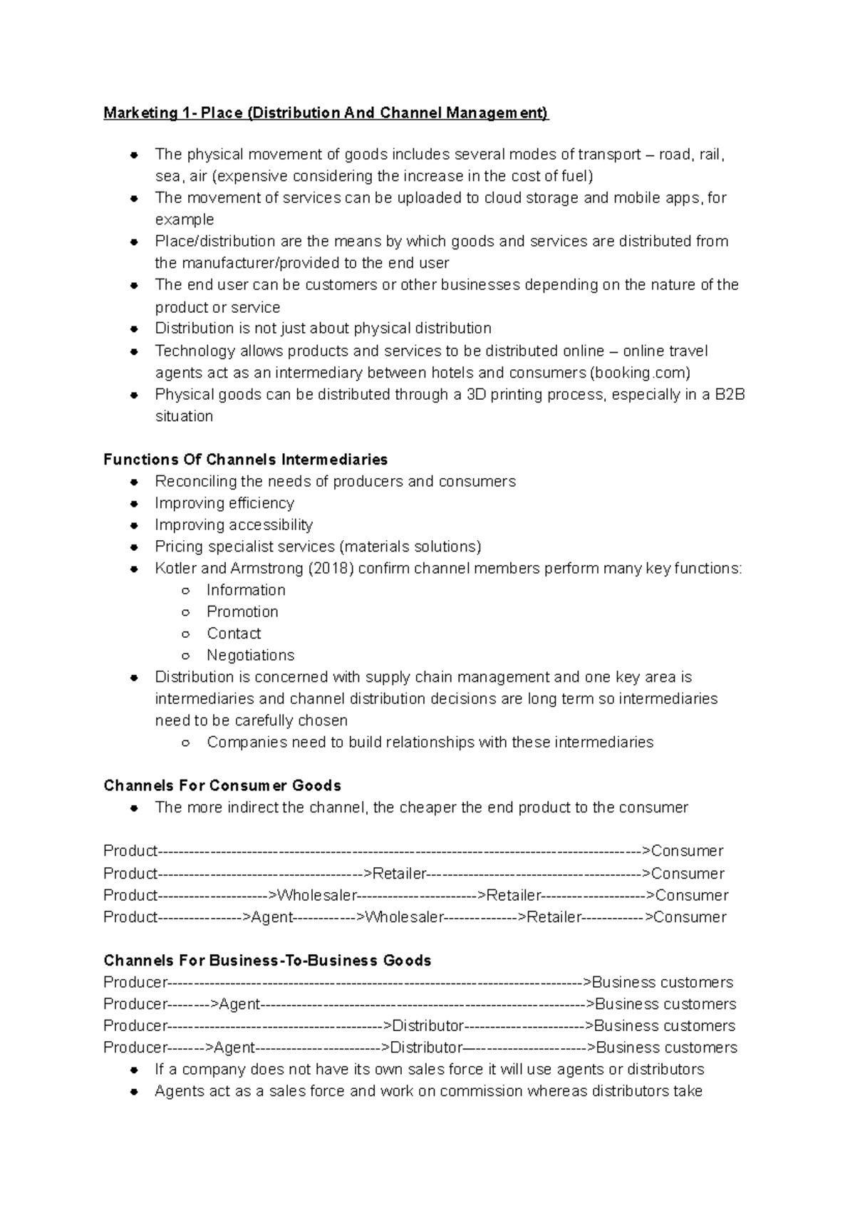Marketing 1- Place notes - Marketing 1- Place (Distribution And Channel ...