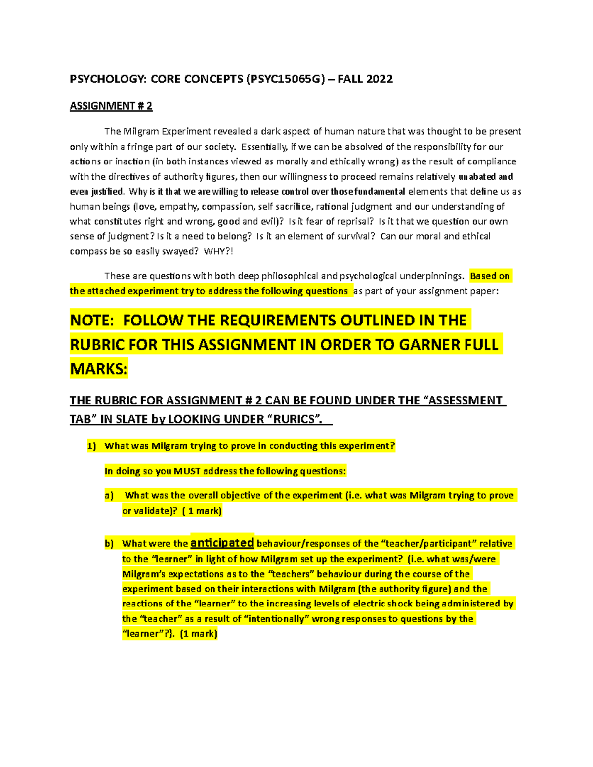 Milgram Experiment - Assignment Outline and Requirements - FALL 2022 ...