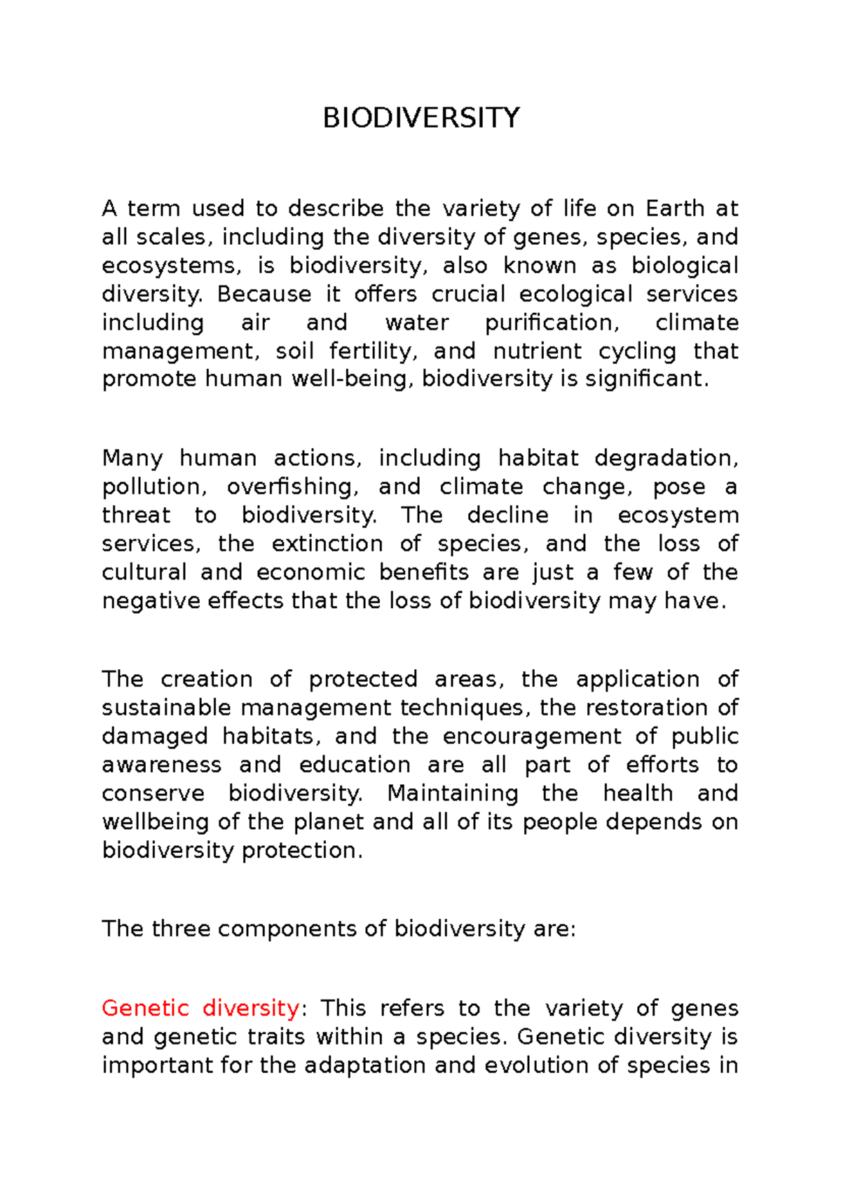 Biodiversity - NOTES - BIODIVERSITY A term used to describe the variety ...