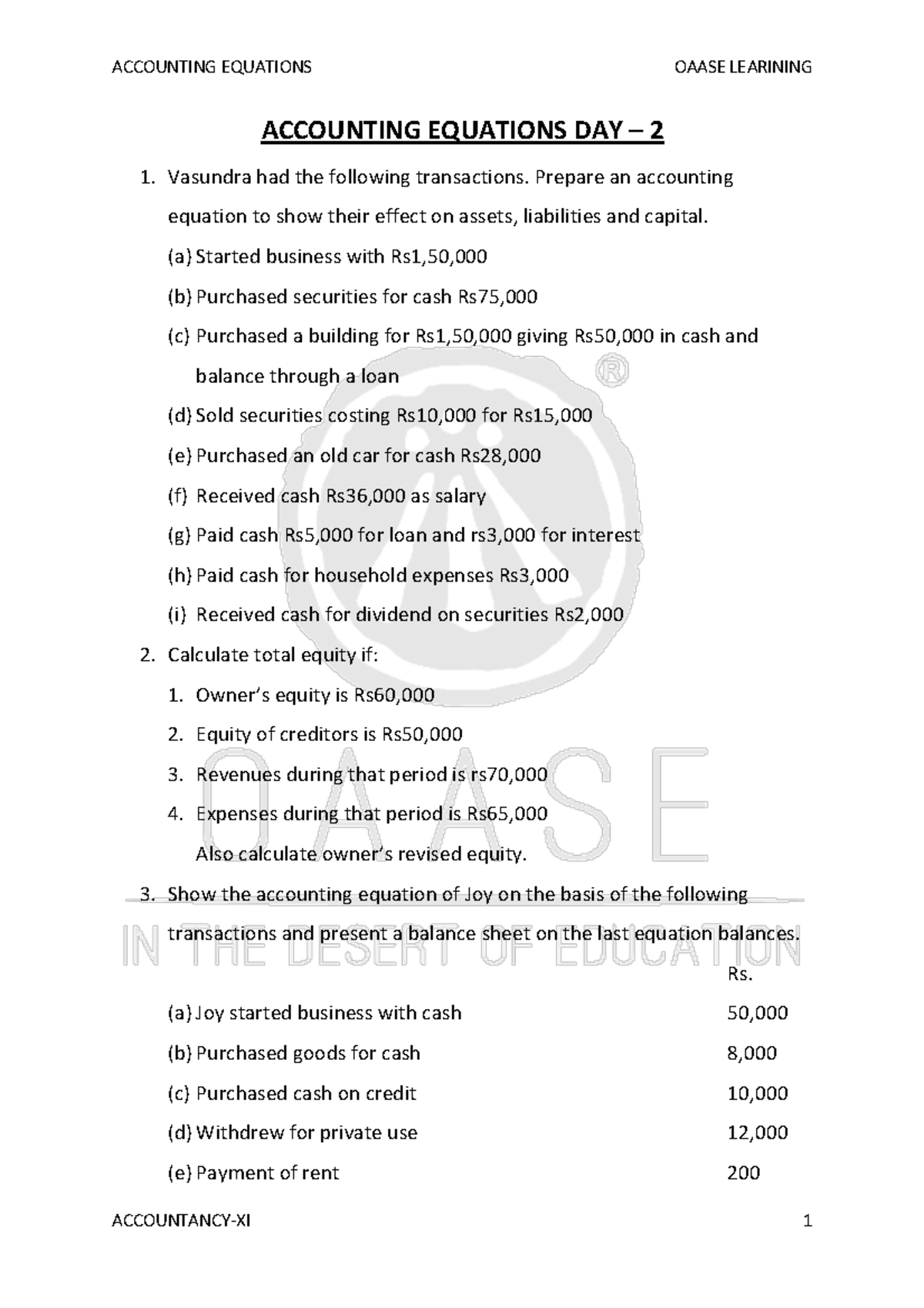 Accounting Equations DAY – 2 - ACCOUNTING EQUATIONS OAASE LEARINING ACCOUNTANCY-XI 1 ACCOUNTING ...