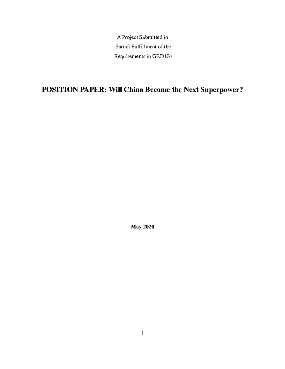 Position Paper - China as a Superpower - A Project Submitted in Partial ...