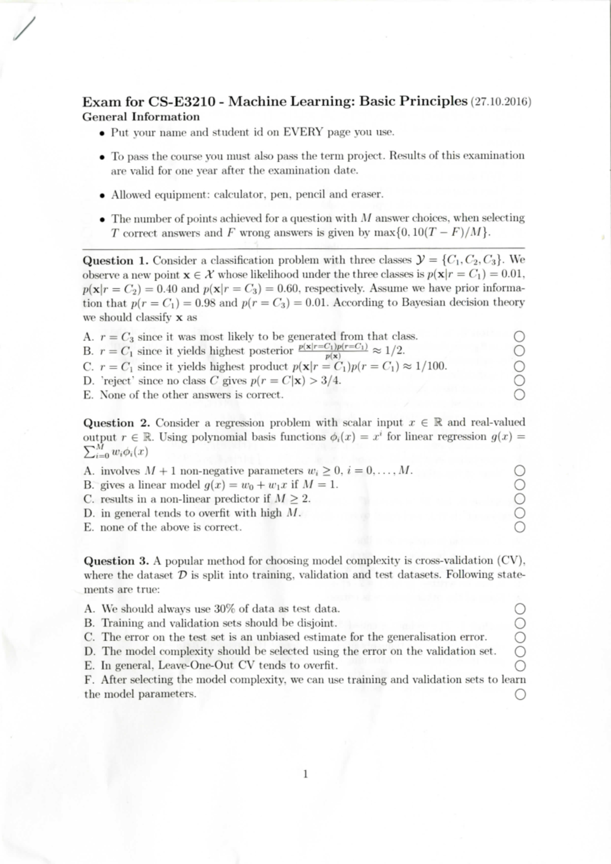 Koe 27 Lokakuu 2016 Kysymykset Exam For Cs—e3210 Machine Learning Basic Principles 2710 