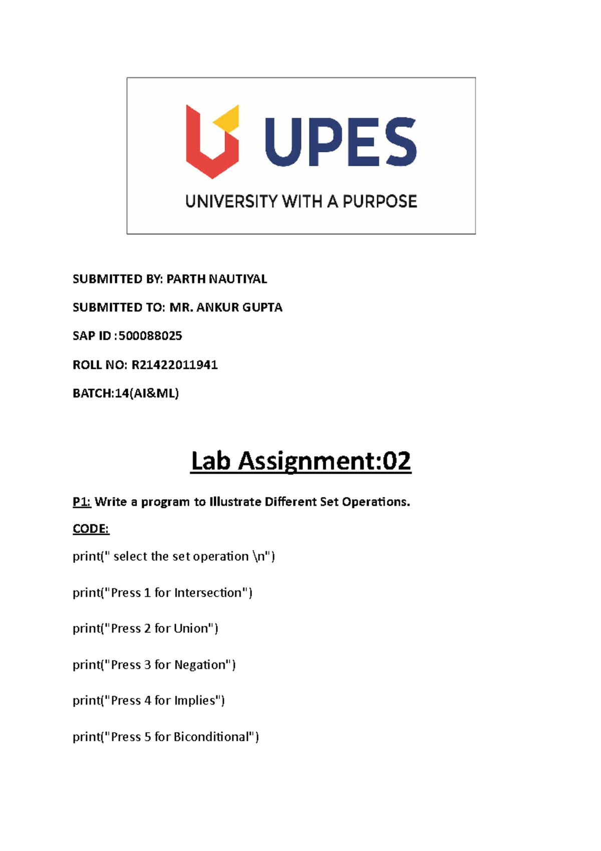 2 - Assignment - SUBMITTED BY: PARTH NAUTIYAL SUBMITTED TO: MR. ANKUR ...