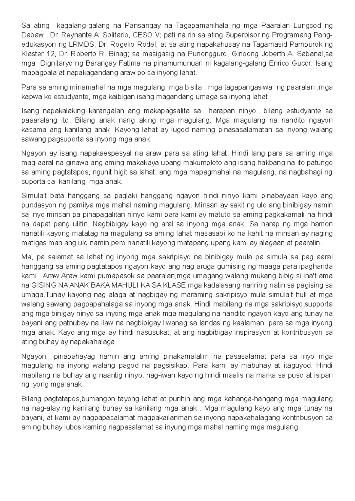 Mensahe sa mga magulang - Sa ating kagalang-galang na Pansangay na ...