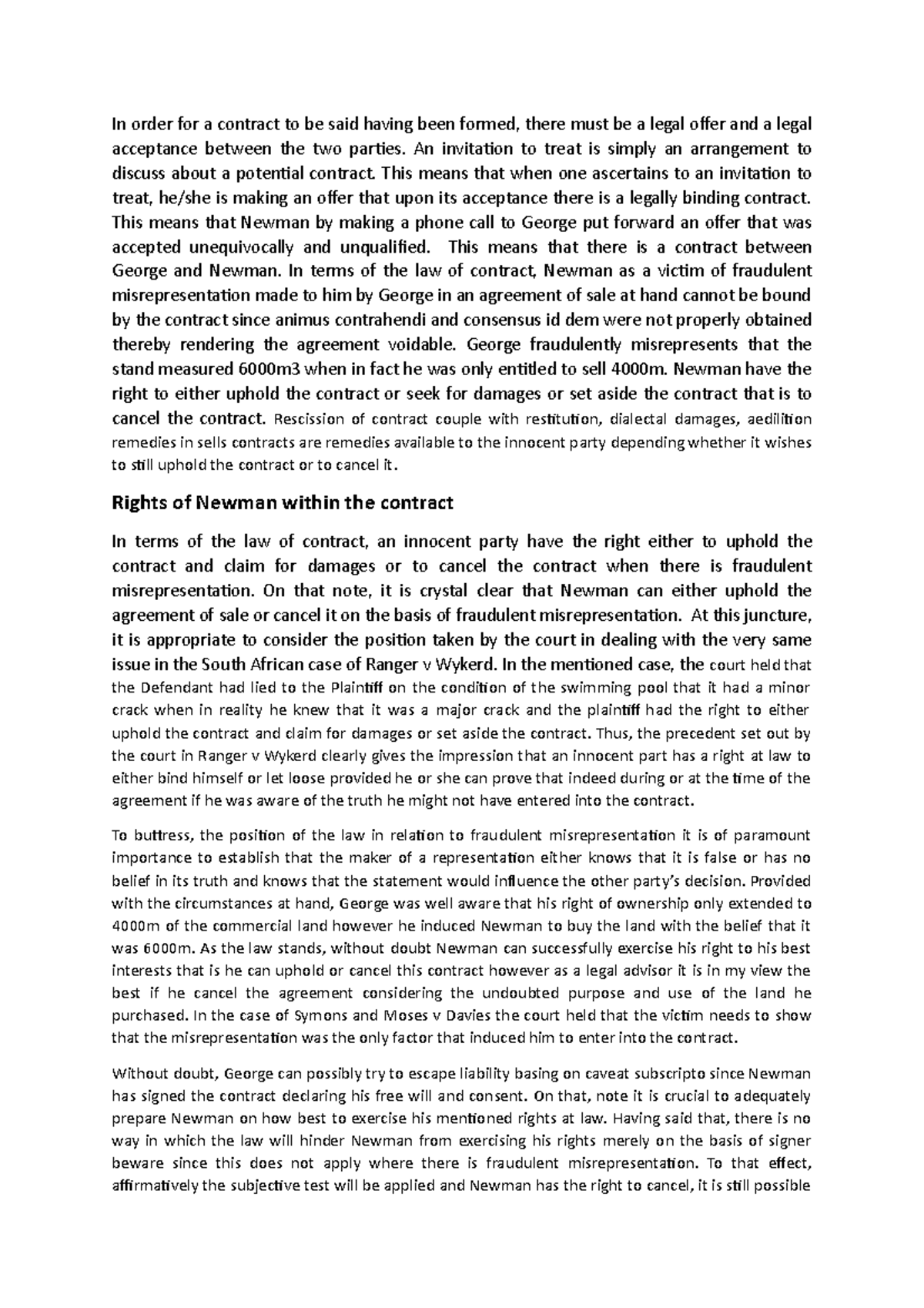 Contract law group assignment - In order for a contract to be said ...