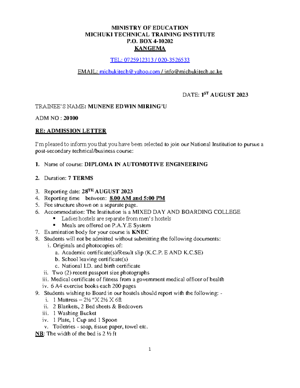 Edwin Munene Diploma IN Automotive Engineering - MINISTRY OF EDUCATION ...