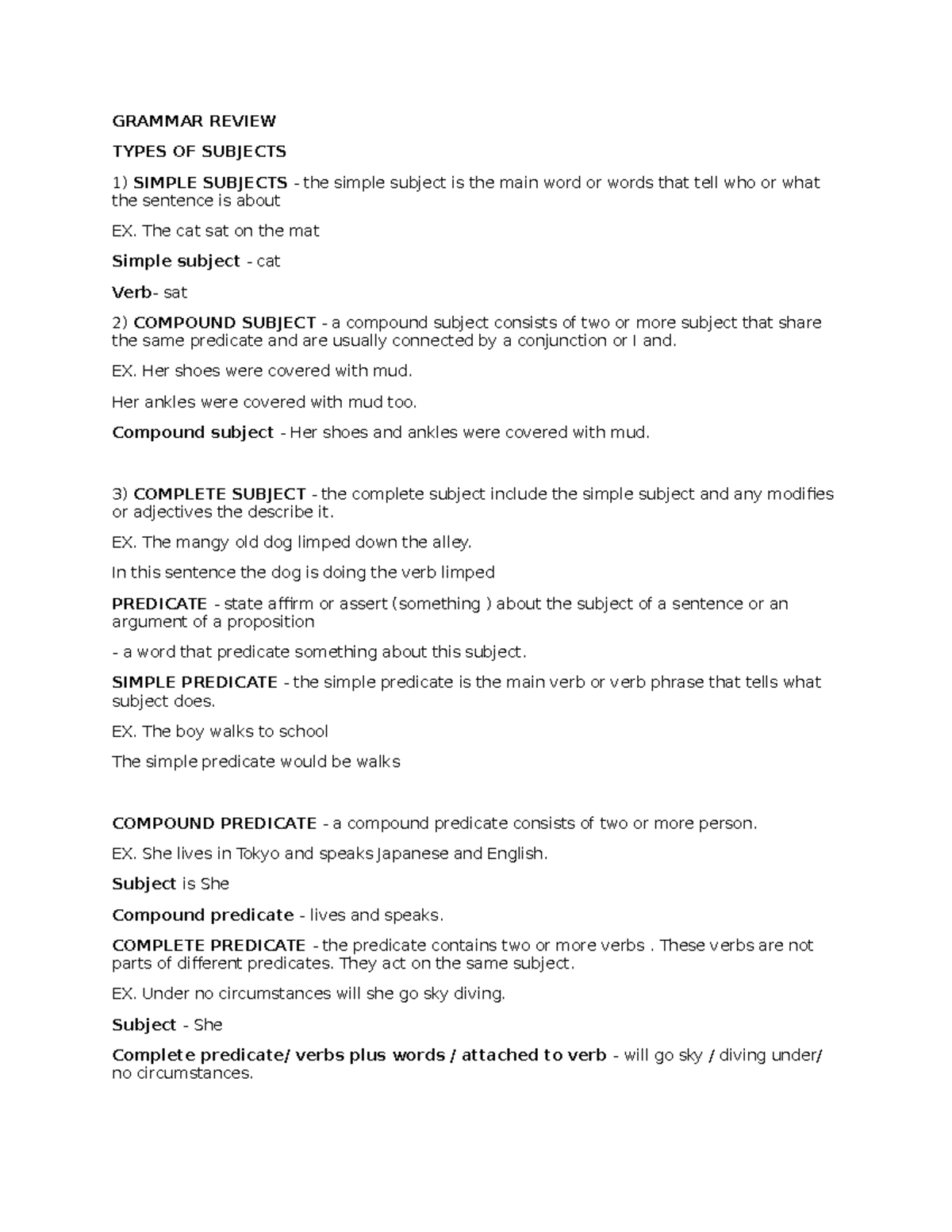 Grammar Review - GRAMMAR REVIEW TYPES OF SUBJECTS SIMPLE SUBJECTS - the ...