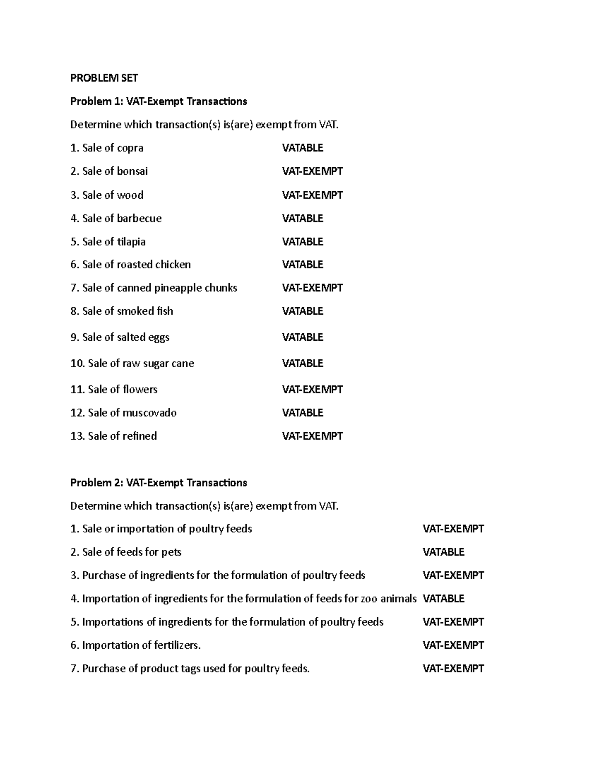 Business TAX - mr.rowell - PROBLEM SET Problem 1: VAT-Exempt ...