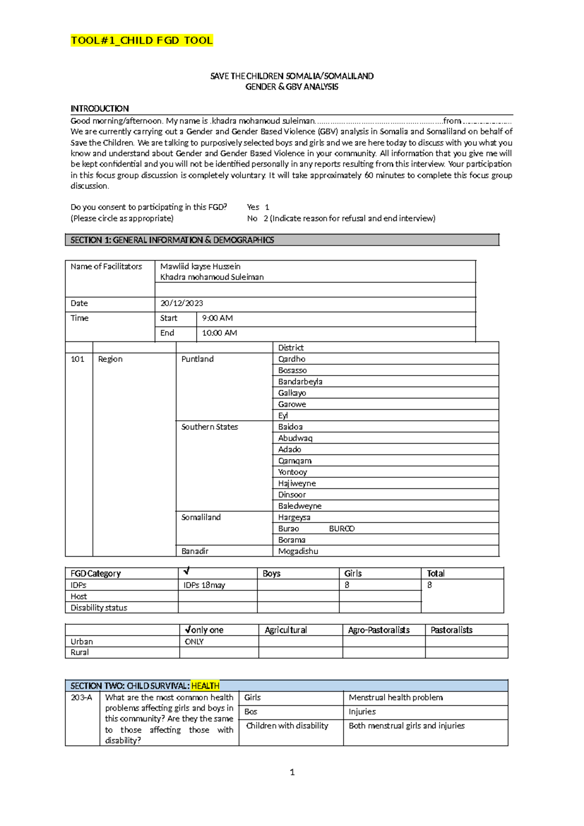 TOOL#1 Child FGD burco-1 - SAVE THE CHILDREN SOMALIA/SOMALILAND GENDER ...