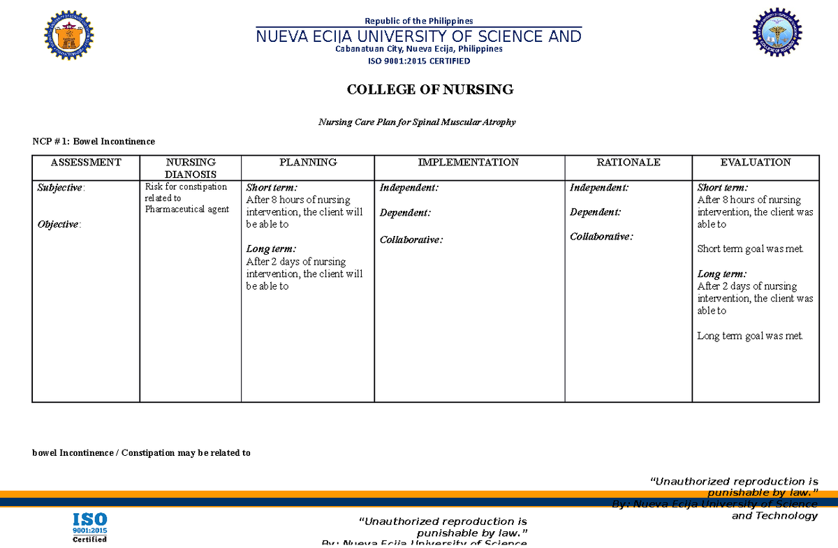 Bowel Incontenece - keep this - Nursing Care Plan for Spinal Muscular ...