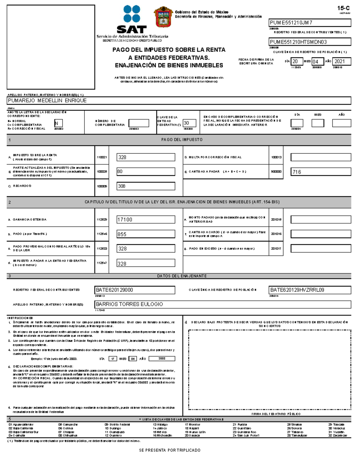 Forma Pago ISR Estado de Veracruz - 15-C 15CP1A 206005 112505 206009 206010 APELLIDO PATERNO ...
