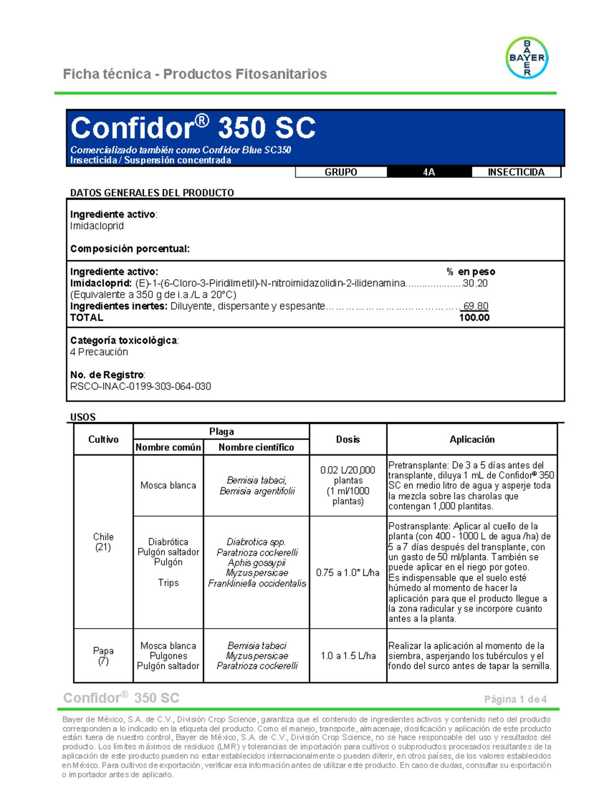 Confidor-ficha-tecnica - Confidor ® 350 SC Página 1 de 4 Bayer de México, S. de C., División ...