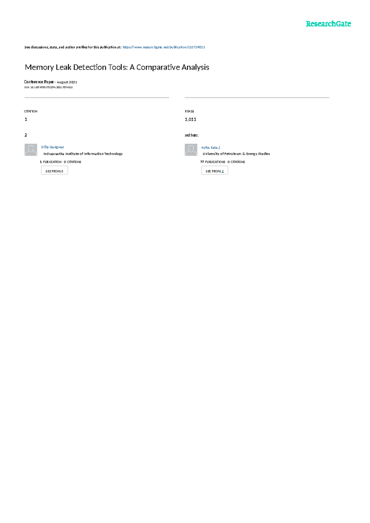 Memory Leak Detection Tools A Comparative Analysis - Avita Kata l SEE PROFIL E See discussions ...
