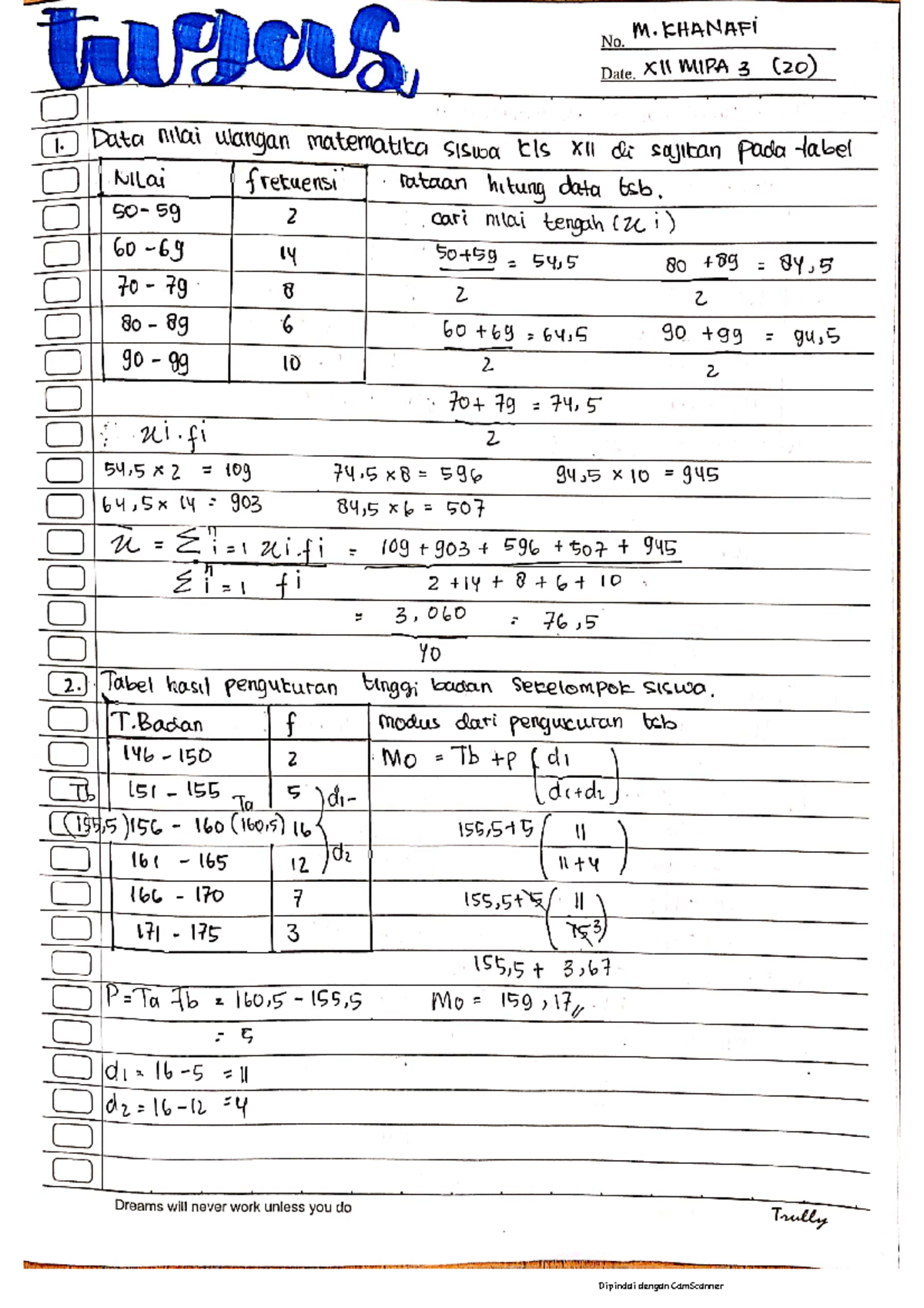 Tugas Statistika. Muhammad Khanafi XII MIPA 3 20 - Kuliah dan Praktik ...