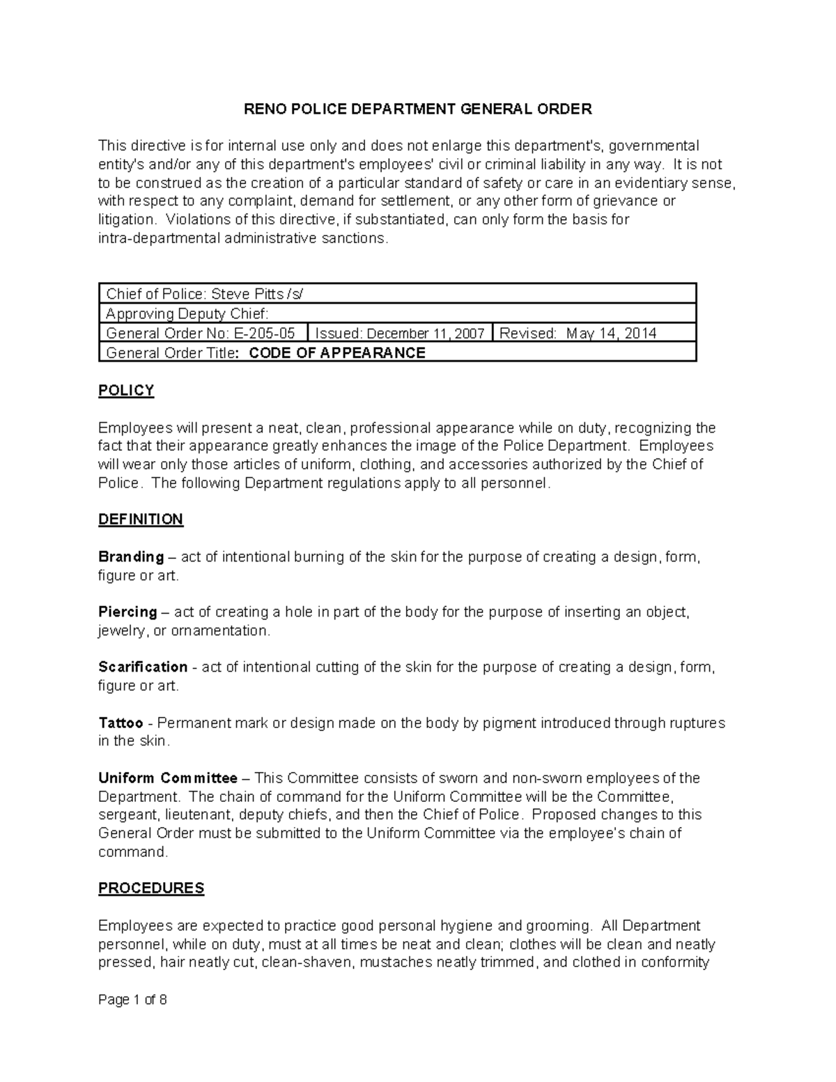 E-205-05 Code of Appearance - RENO POLICE DEPARTMENT GENERAL ORDER This ...