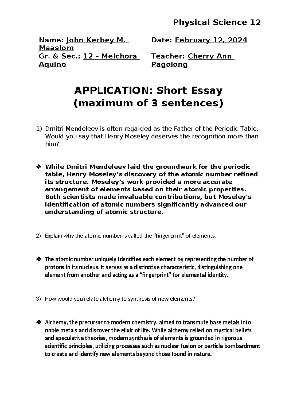 Introductory Essay in Founding of Periodic Table - Physical Science 12 ...