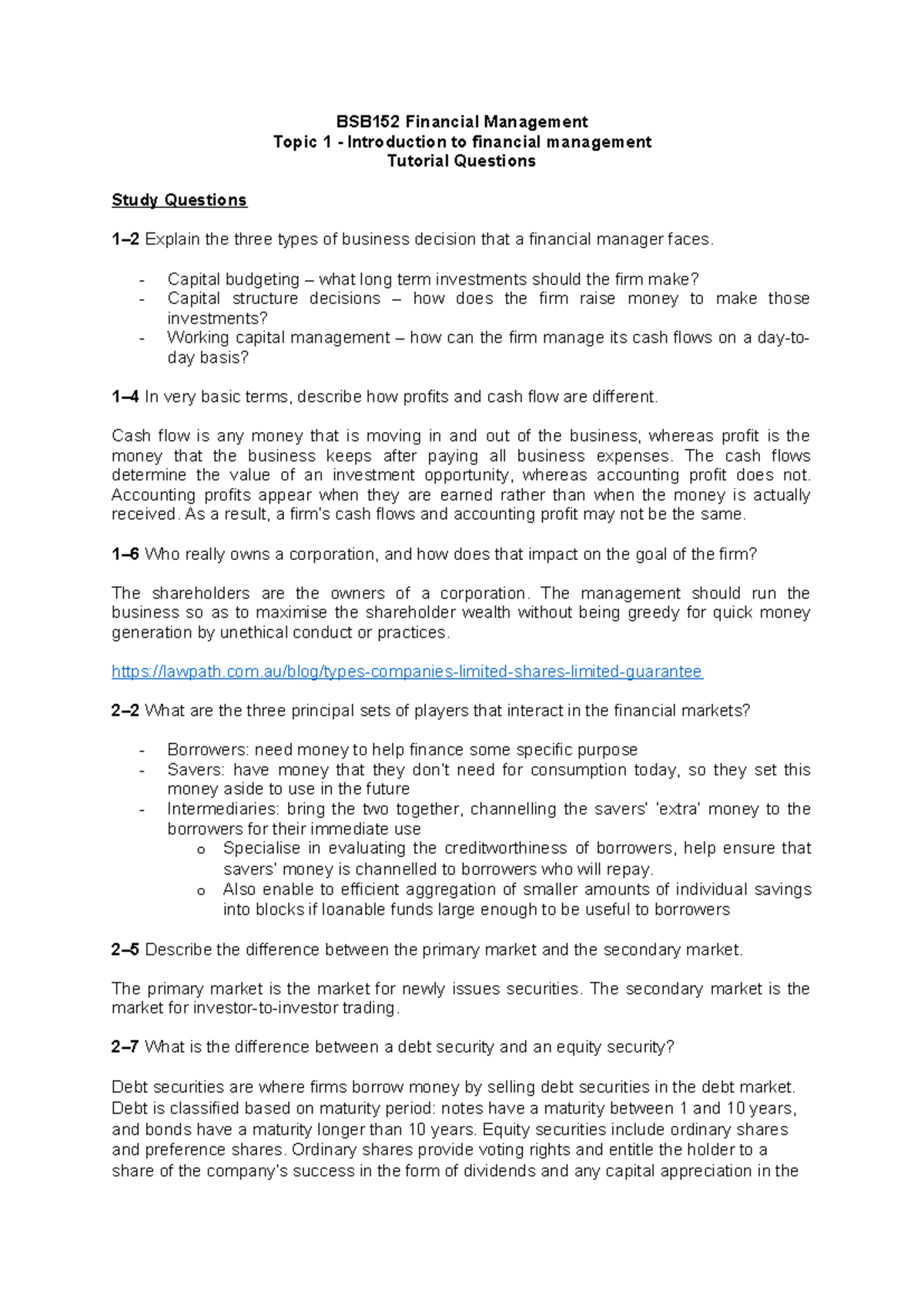 BSB152 - Topic 1 Tutorial Questions - BSB152 Financial Management Topic 1 - Introduction to ...