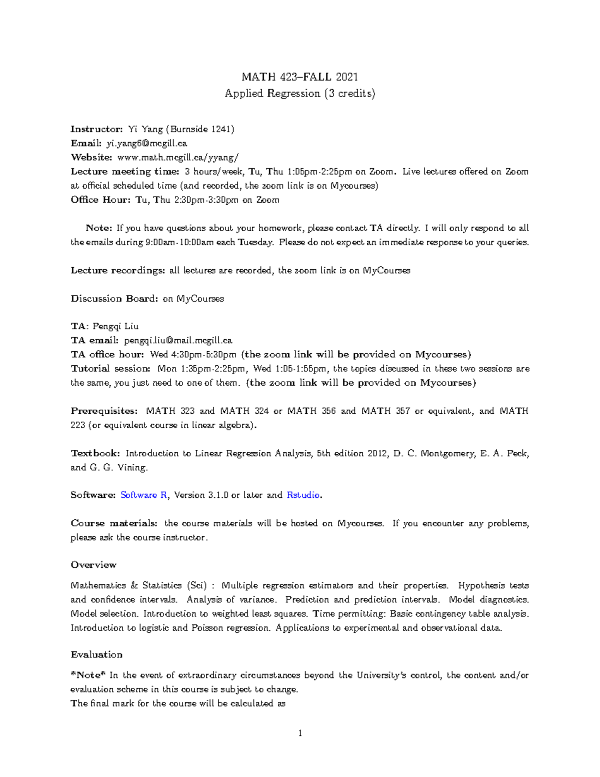 Syllabus MATH423 Fall2021 rev - MATH 423–FALL 2021 Applied Regression ...