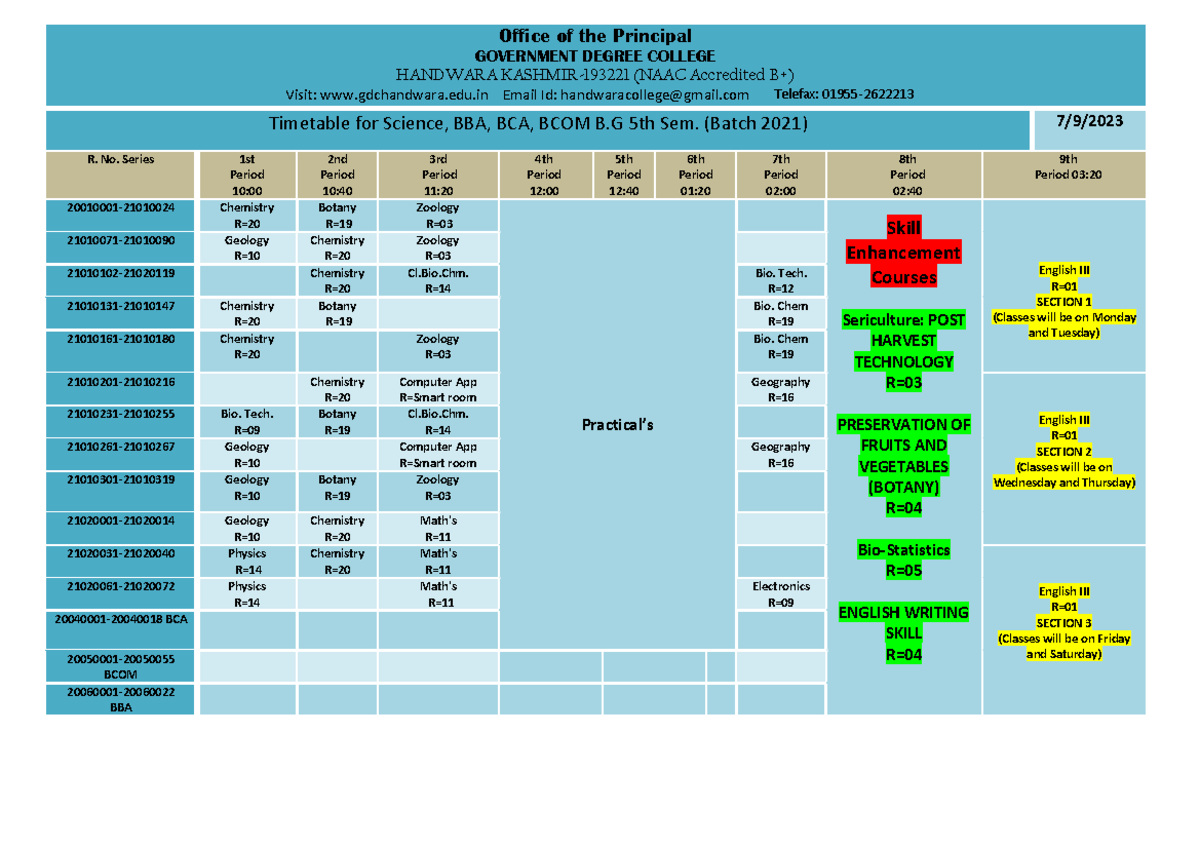 Timetable 5th Batch 2021 - Office of the Principal GOVERNMENT DEGREE COLLEGE HANDWARA KASHMIR ...