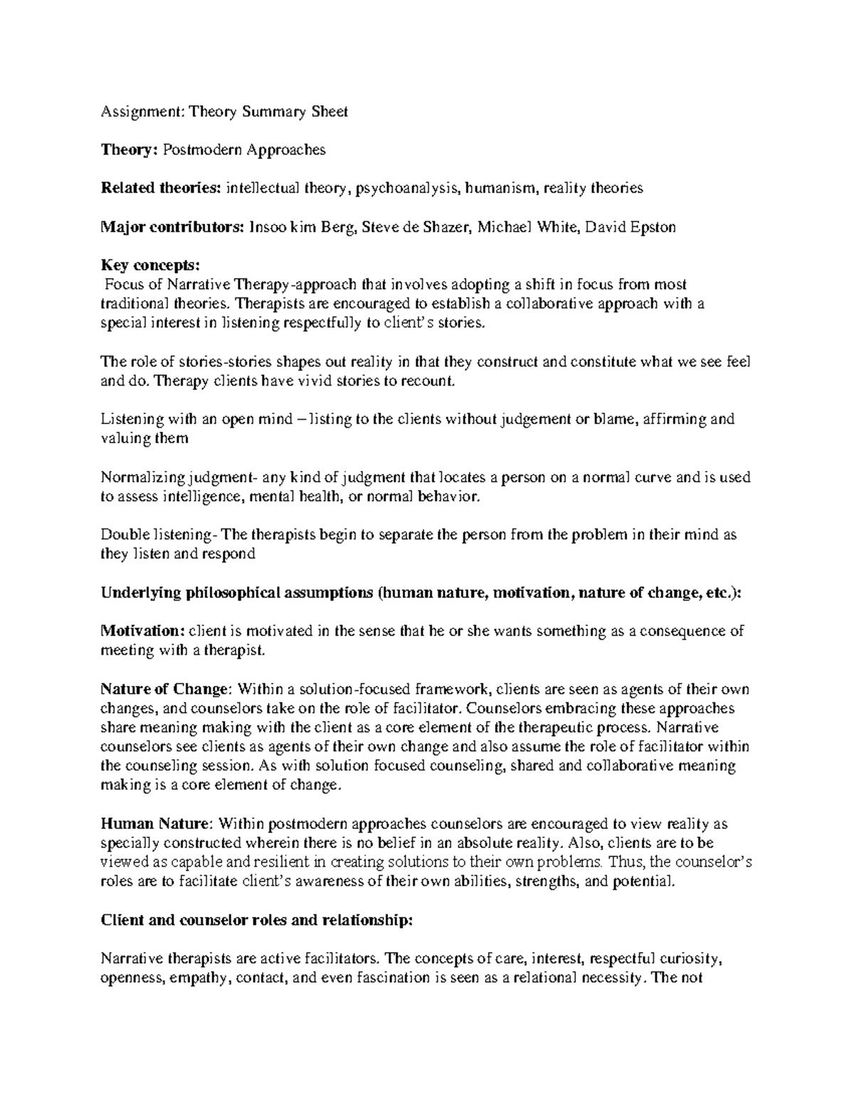 Postmodern Approaches Therapy Summary Sheet - Assignment: Theory ...