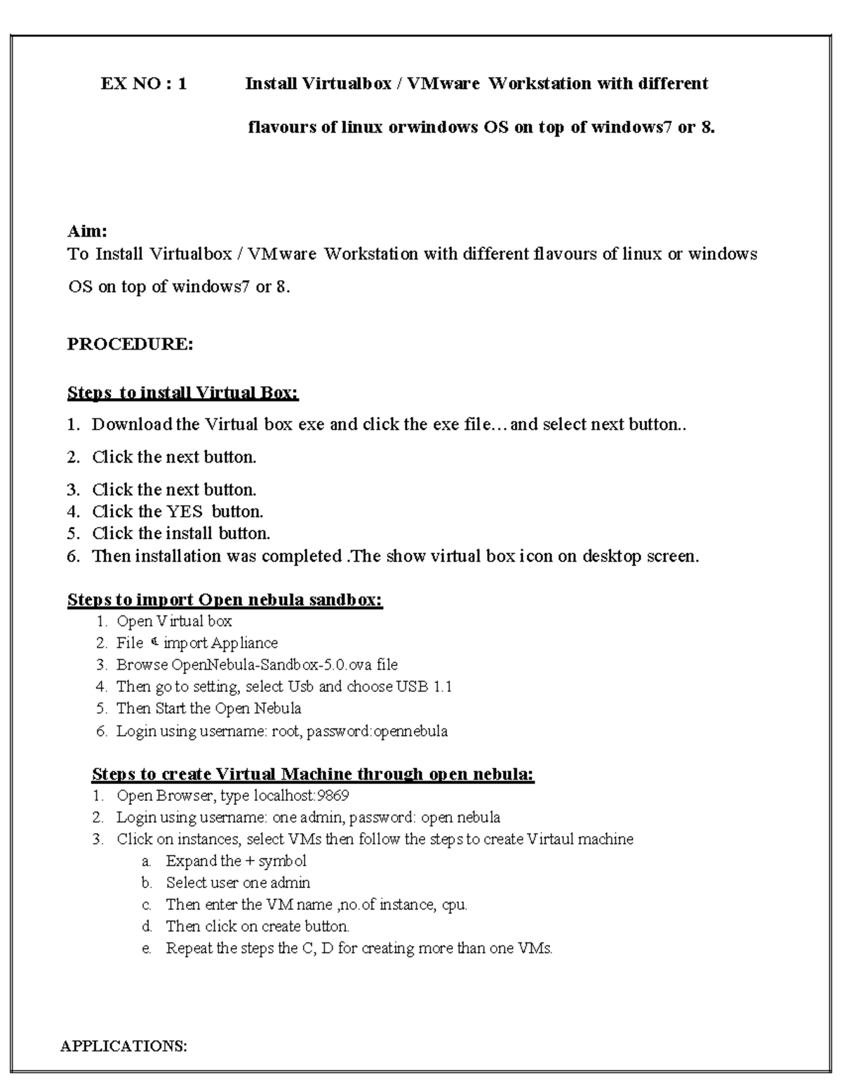 Student Cloud Lab Manuals - EX NO : 1 Install Virtualbox / VMware Workstation with different ...