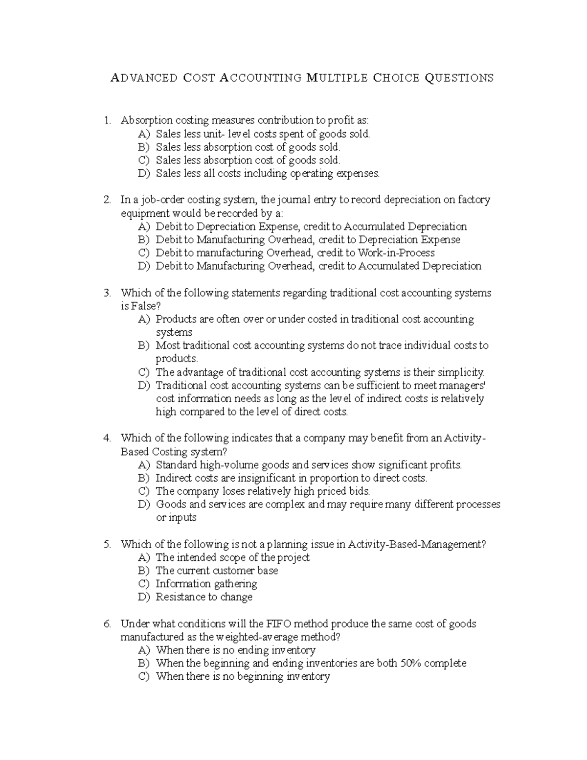 Multiple Choice Questions - ADVANCED COST ACCOUNTING MULTIPLE CHOICE ...