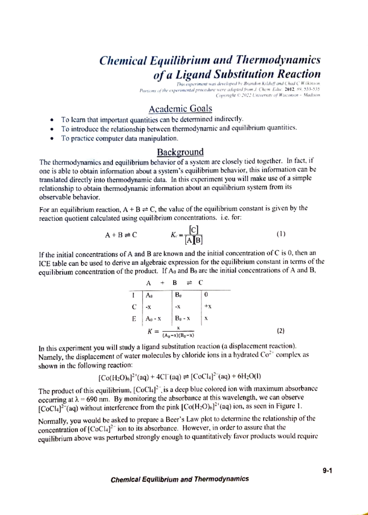 Lab 9: Chemical Equilibrium and Thermodynamics - Chemical Equilibrium ...