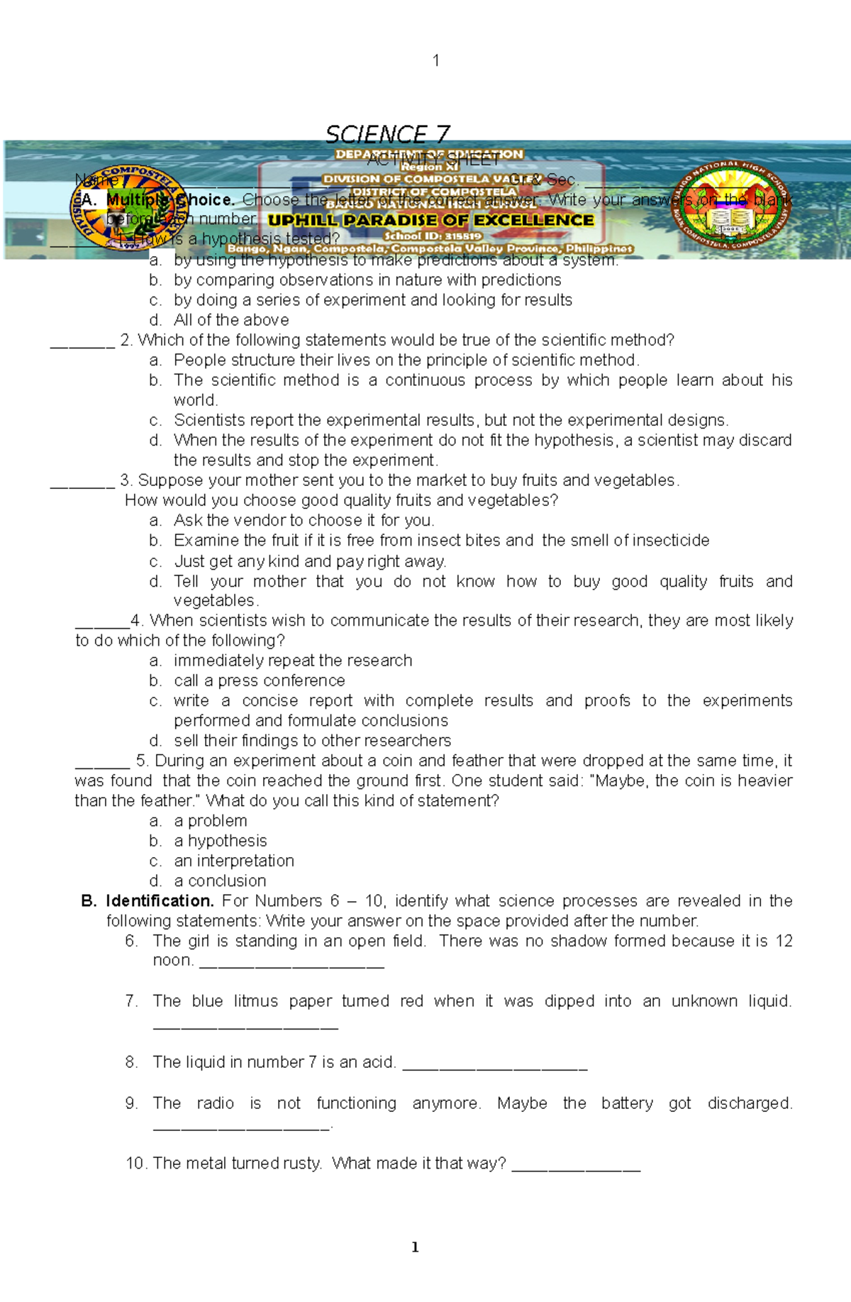 Activity sheets - semi detailed - 1 SCIENCE 7 ACTIVITY SHEET Name ...