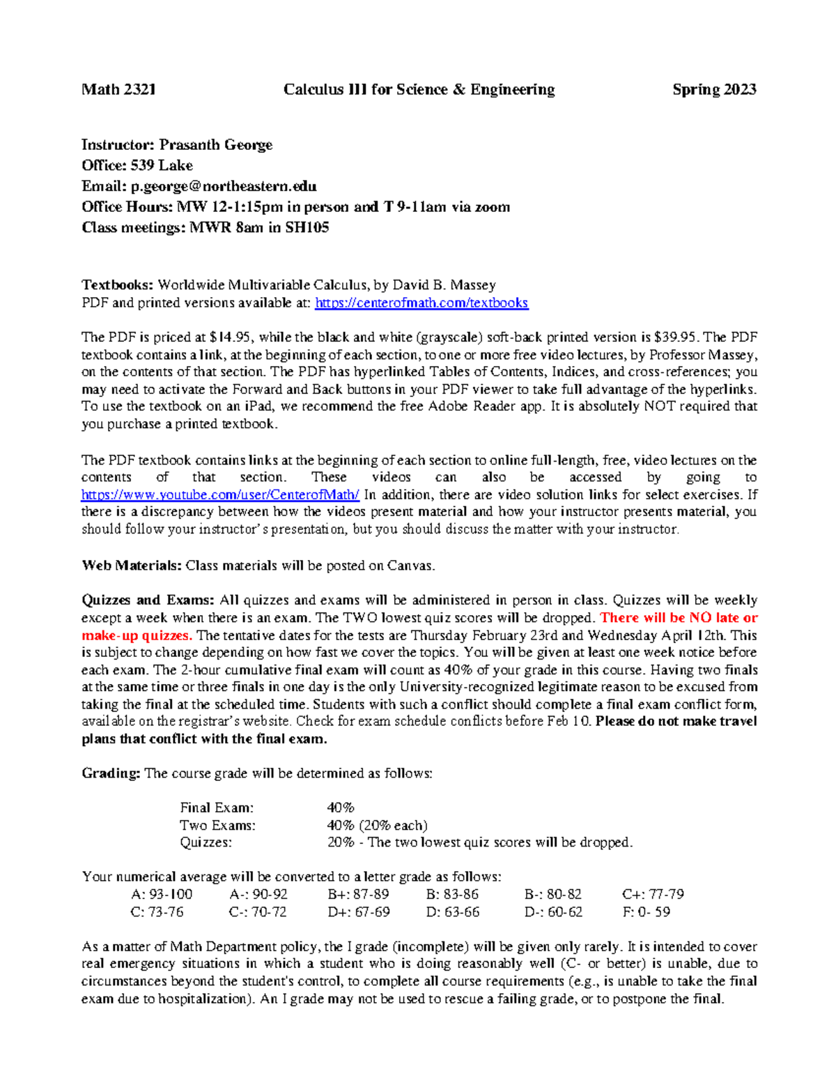 2321 Spring 2023 Syllabus-1 - Math 2321 Calculus III for Science ...