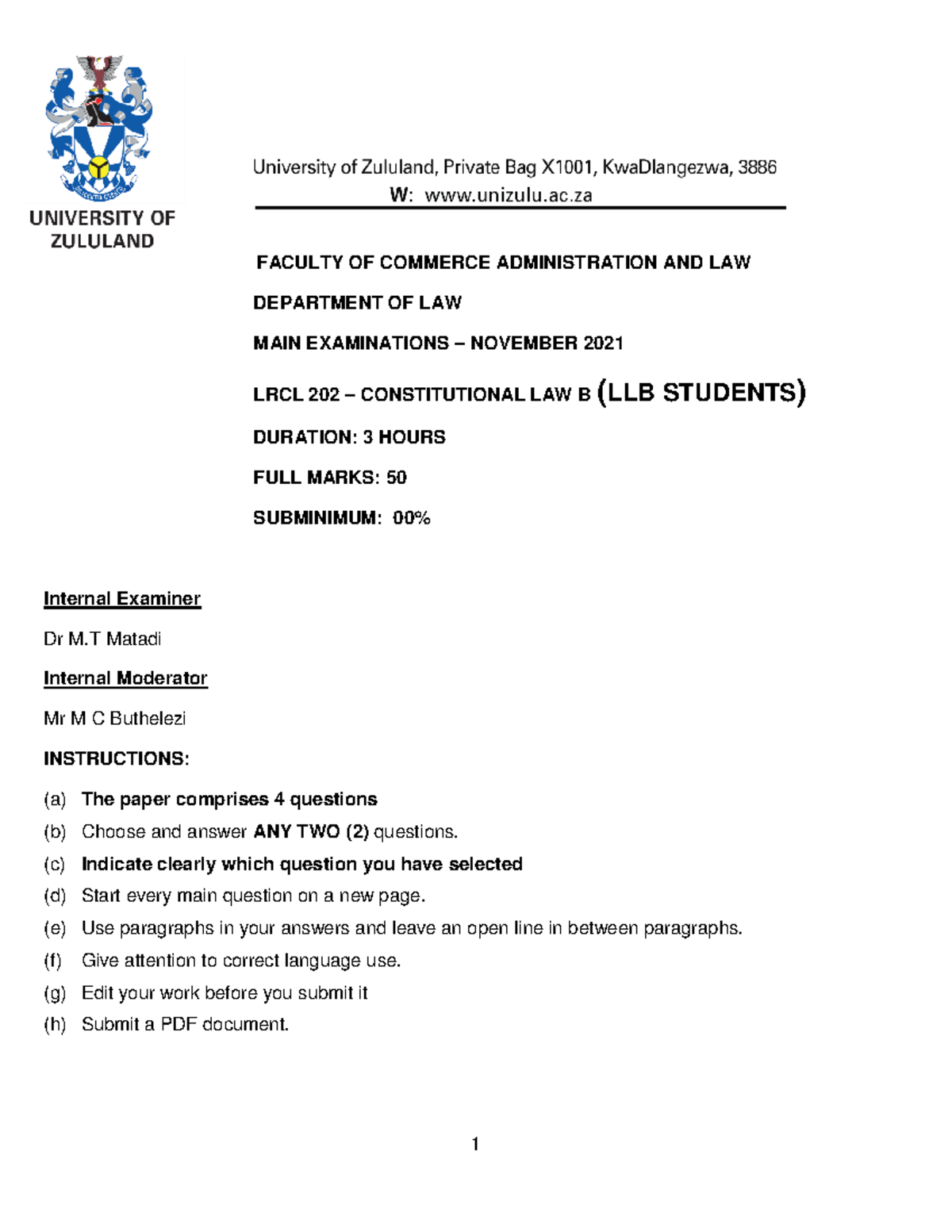 CONS LAW LLB MAIN EXAM November 2021 Final - 1 FACULTY OF COMMERCE ...