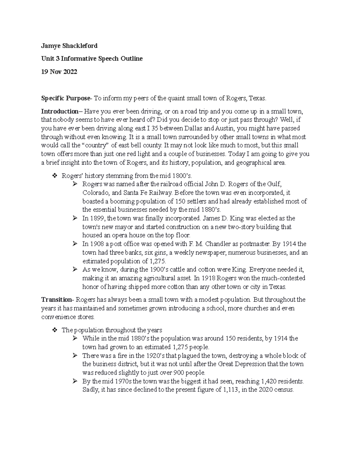 Unit3Speech Final Draft - Jamye Shackleford Unit 3 Informative Speech Outline 19 Nov 2022 ...