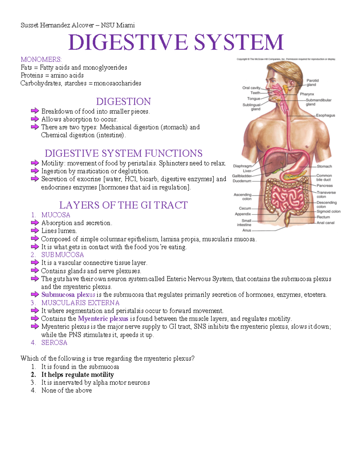 Digestive System Summary Susset Hernandez Alcover NSU Miami DIGESTIVE