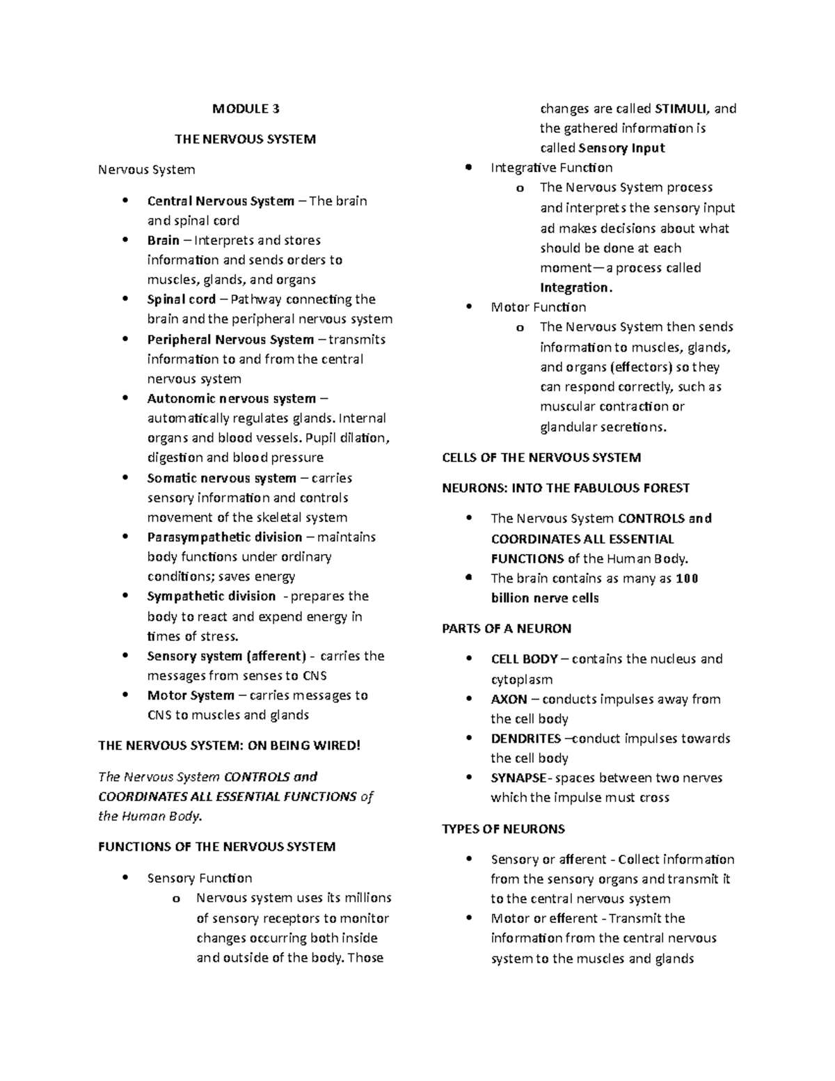 Intro TO Psych Module 3 AND MORE - MODULE 3 THE NERVOUS SYSTEM Nervous ...