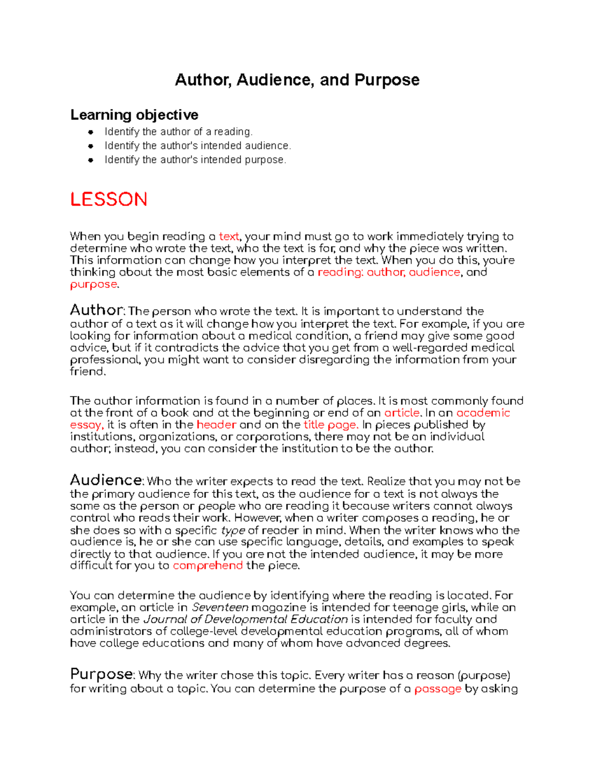 Author, Audience, and Purpose - Author, Audience, and Purpose Learning objective Identify the ...