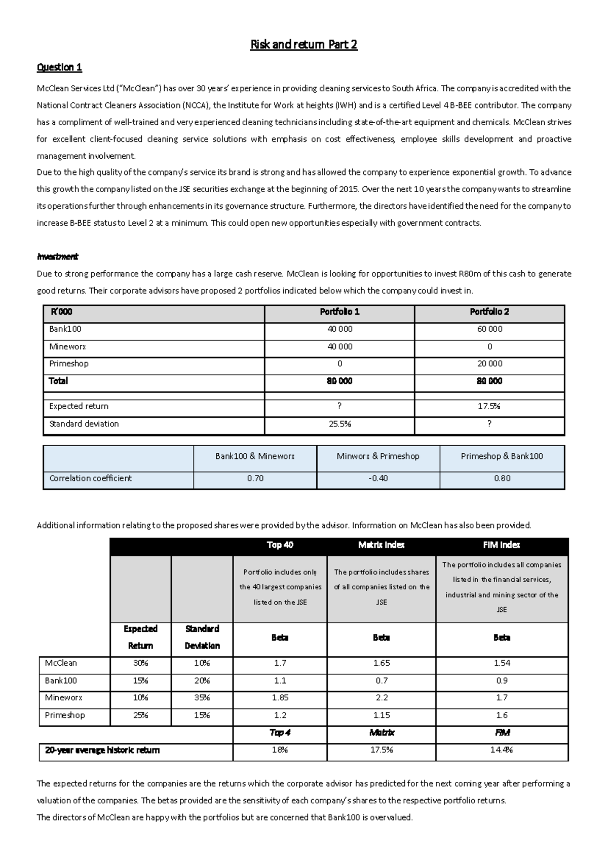 Risk and return Part 2- seen tutorial MPT -2034335912 - Risk and return ...