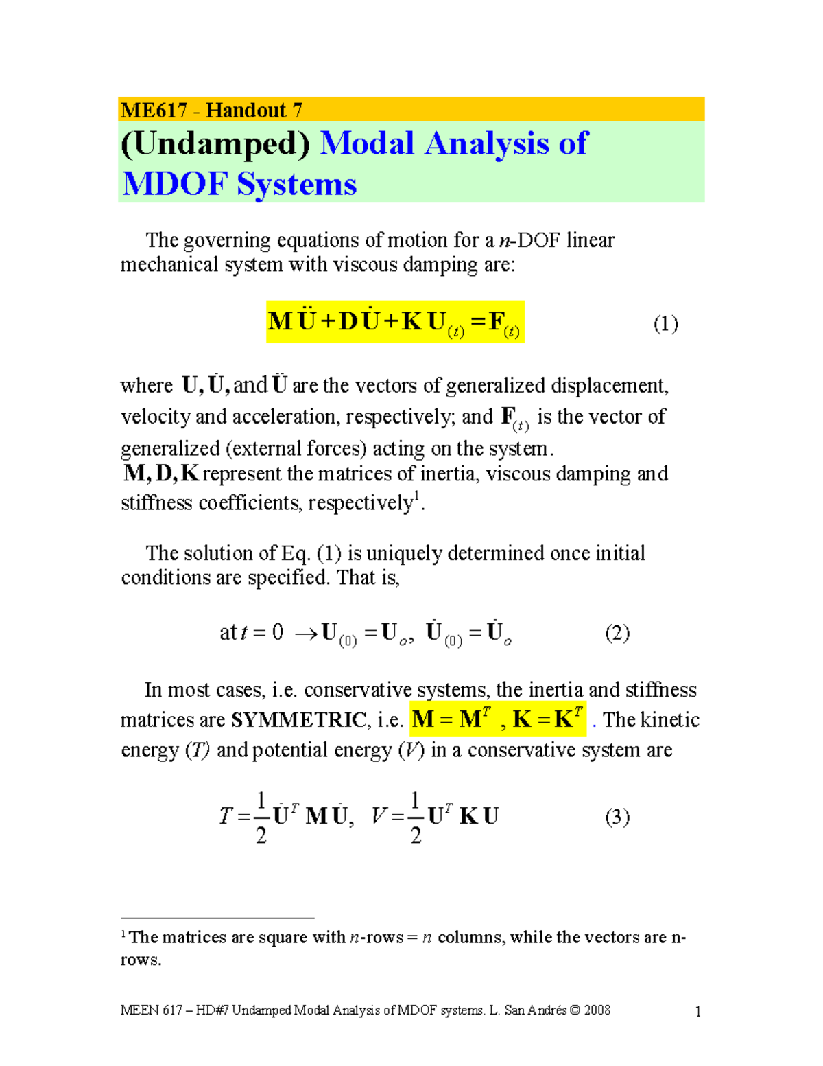 HD 7 Modal Analysis Undamped MDOF - ME617 - Handout 7 (Undamped) Modal ...