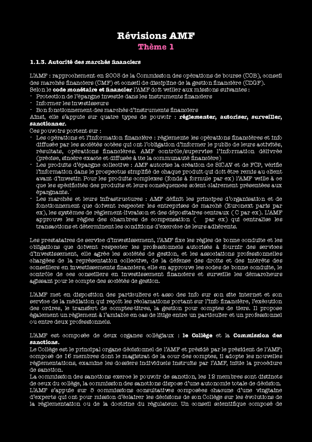AMF résumés thème 1 - Thème 1 AMF - Révisions AMF Thème 1 1.1. Autorité ...