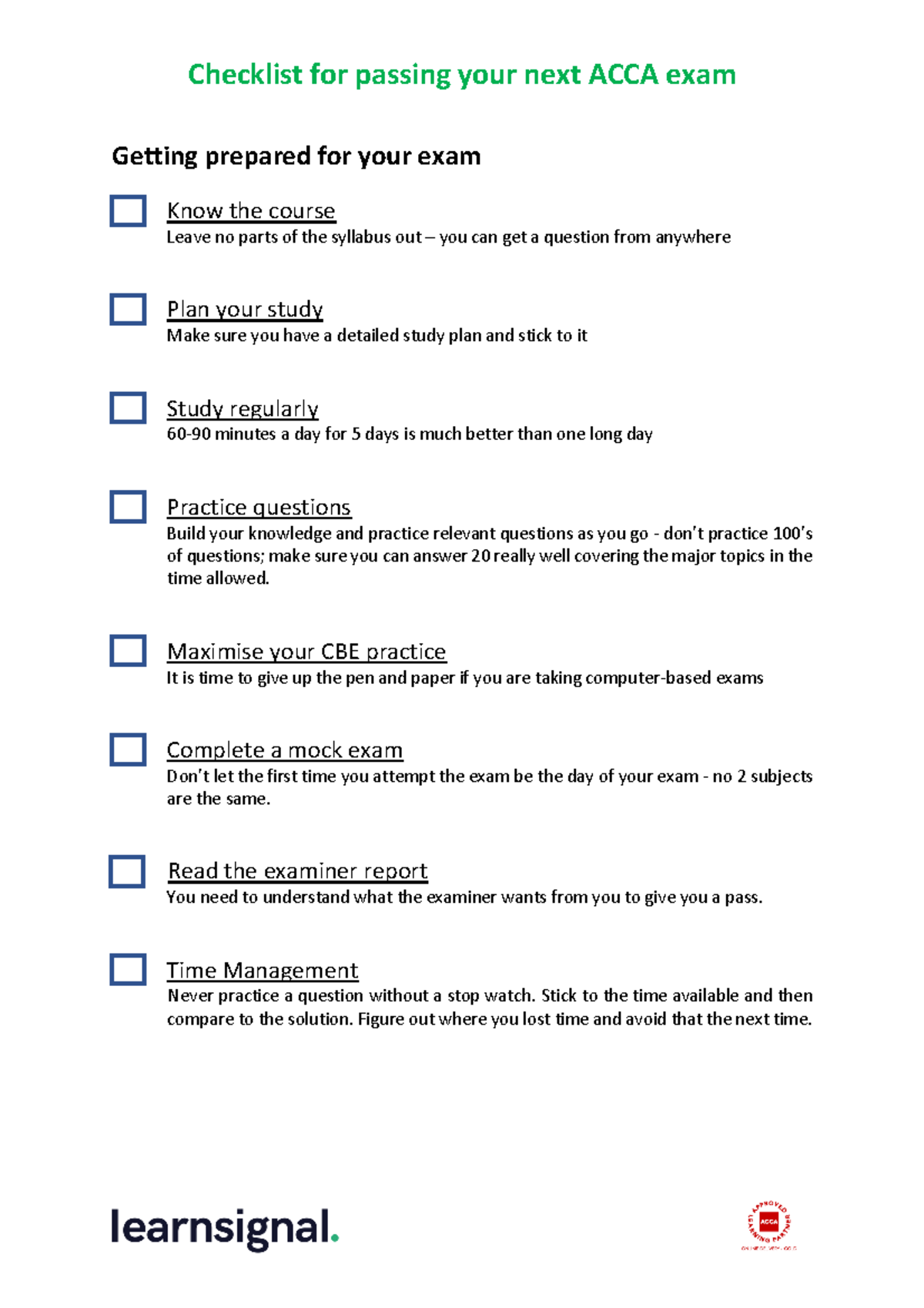 ACCA checklist-7 - ... - Getting prepared for your exam Know the course ...
