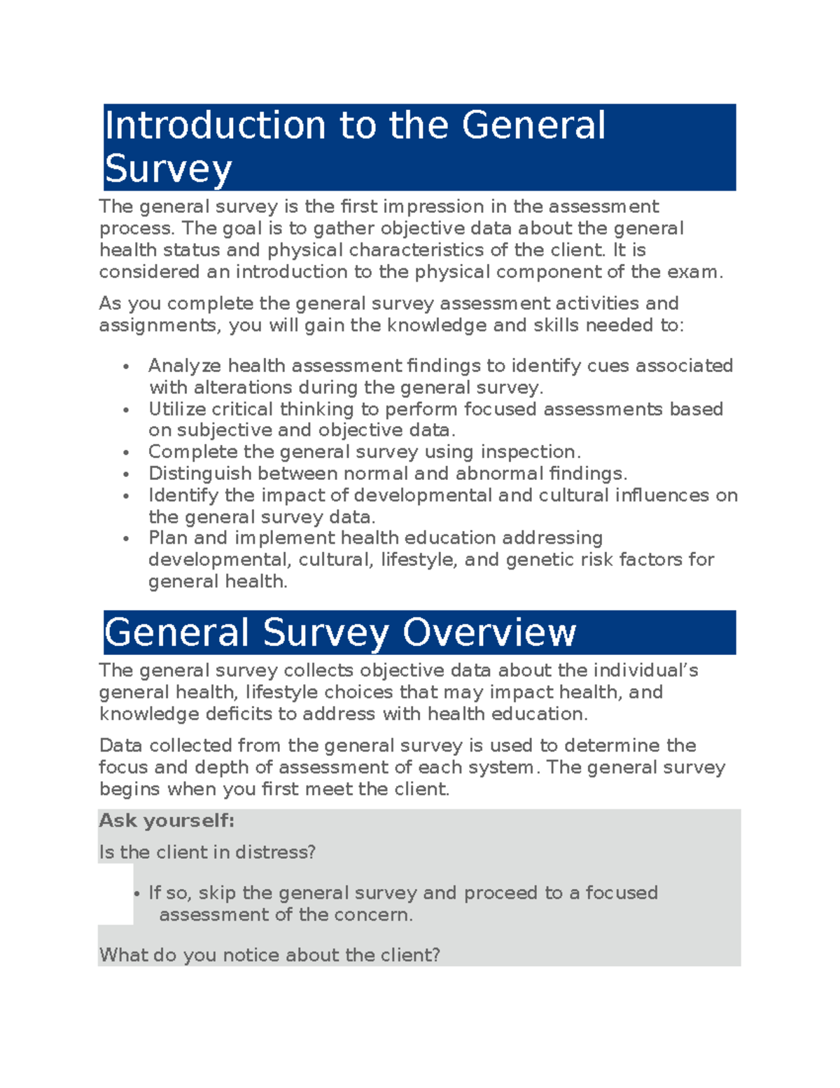 NR 302 Edapt Unit 3- The General Survey - Introduction to the General ...