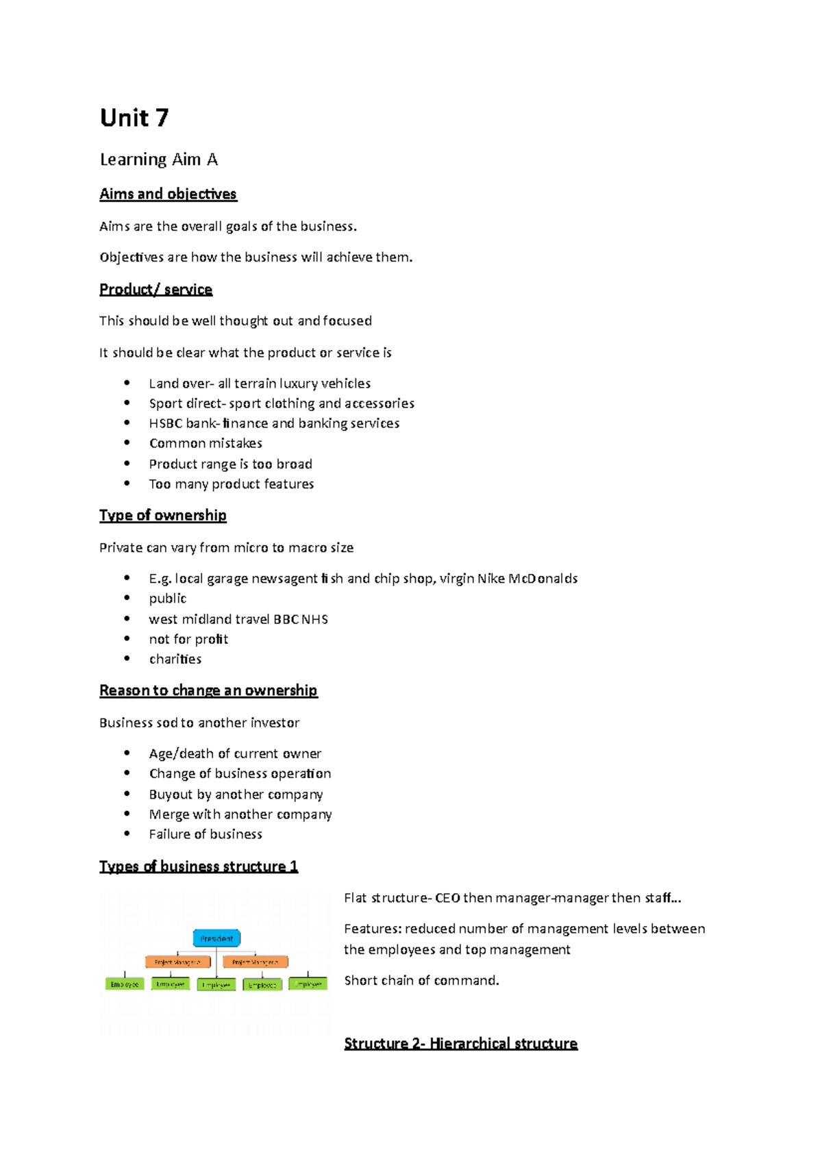 Business Unit 7 - jtshstrh - Unit 7 Learning Aim A Aims and objectives ...