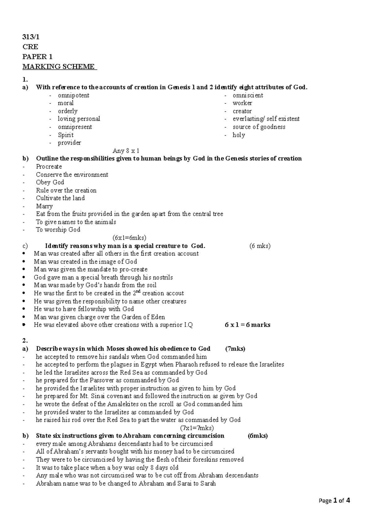 F3 CRE PP1 MS Teacher - 313/ CRE PAPER 1 MARKING SCHEME 1. a) With ...